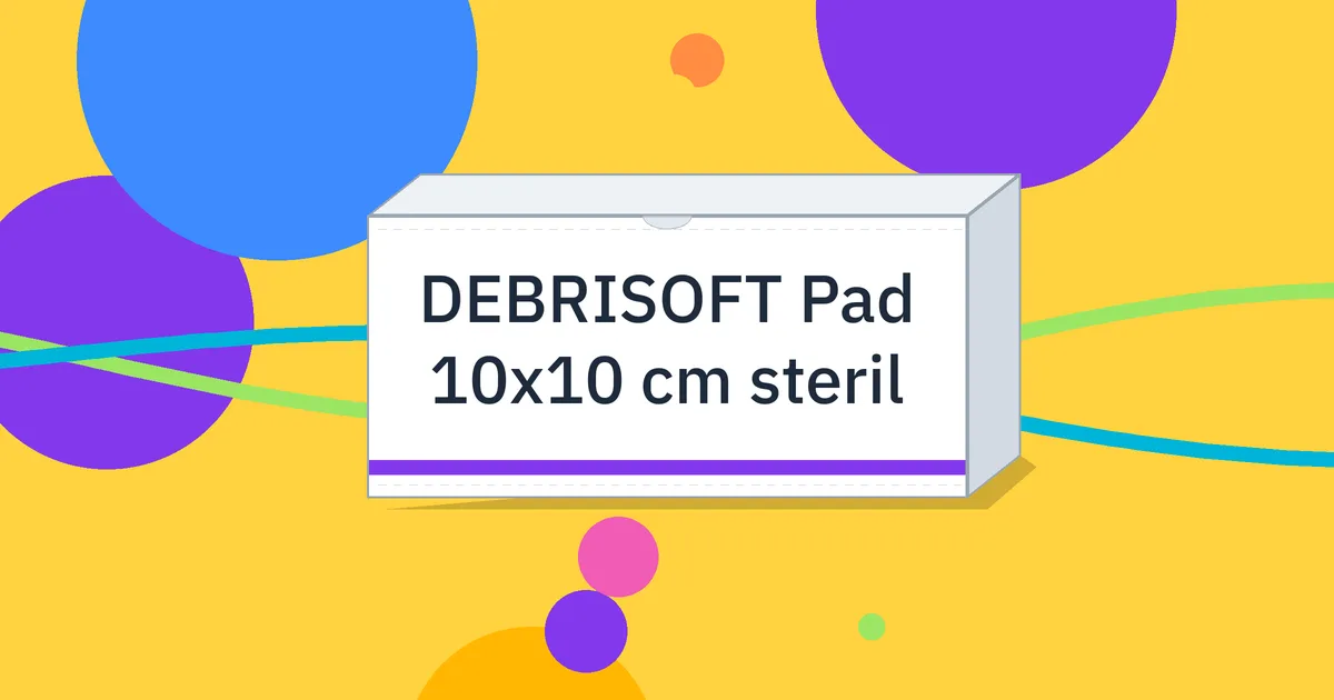 Symbolbild: Packung mit der Aufschrift DEBRISOFT Pad 10x10 cm steril (PZN 17447610) – Verfügbarkeit und Bezug in Apotheken in Frankfurt am Main