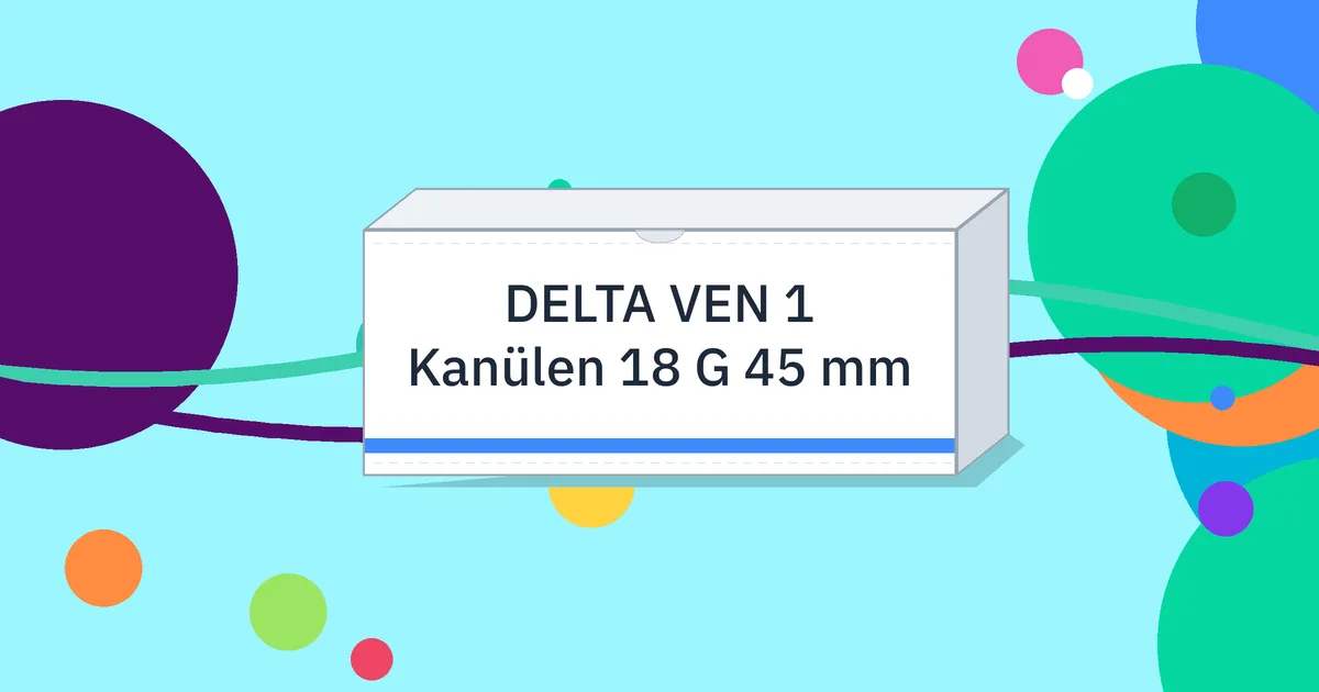 Symbolbild: Packung mit der Aufschrift DELTA VEN 1 Kanülen 18 G 45 mm (PZN 07757611) – Verfügbarkeit und Bezug in Apotheken in Frankfurt am Main