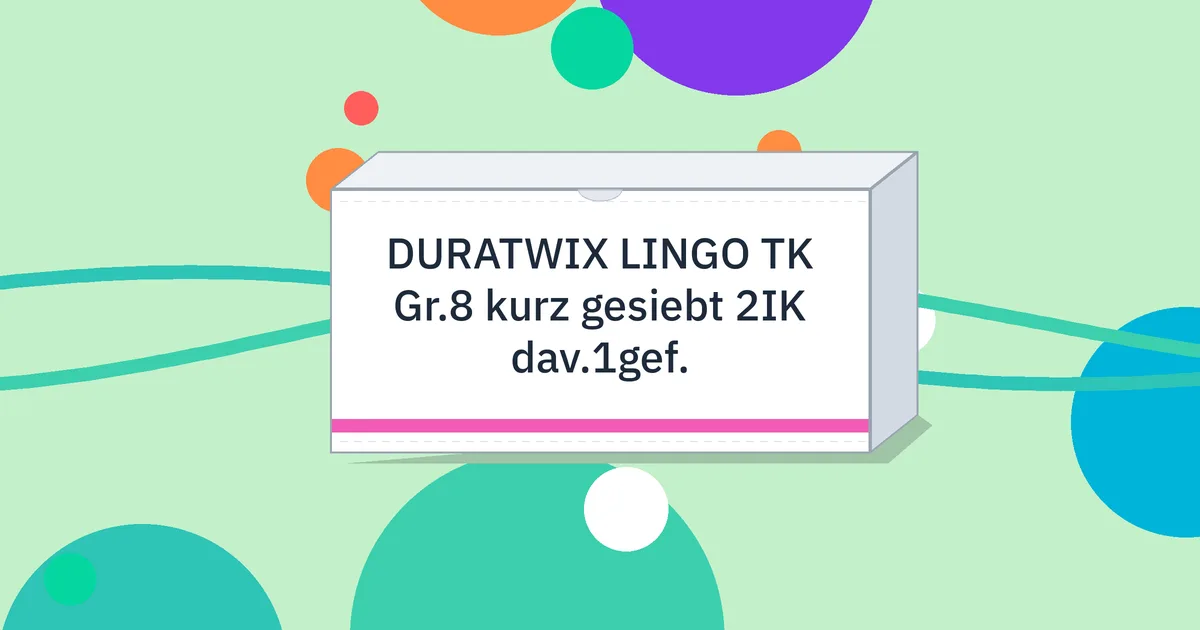 Symbolbild: Packung mit der Aufschrift DURATWIX LINGO TK Gr.8 kurz gesiebt 2IK dav.1gef. (PZN 06970018) – Verfügbarkeit und Bezug in Apotheken in Frankfurt am Main