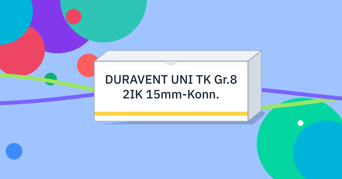 Symbolbild: Packung mit der Aufschrift DURAVENT UNI TK Gr.8 2IK 15mm-Konn. (PZN 04459907) – Verfügbarkeit und Bezug in Apotheken in Frankfurt am Main
