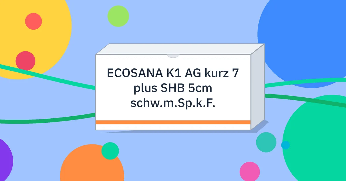 Symbolbild: Packung mit der Aufschrift ECOSANA K1 AG kurz 7 plus SHB 5cm schw.m.Sp.k.F. (PZN 04730557) – Verfügbarkeit und Bezug in Apotheken in Frankfurt am Main