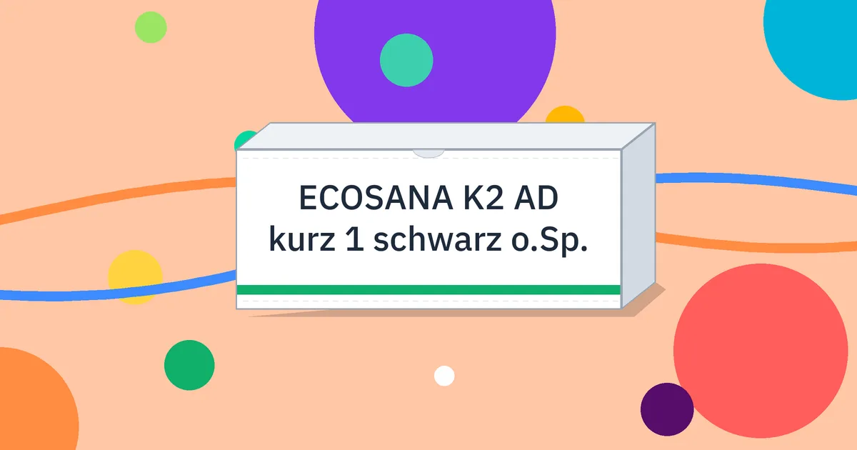 Symbolbild: Packung mit der Aufschrift ECOSANA K2 AD kurz 1 schwarz o.Sp. (PZN 01331756) – Verfügbarkeit und Bezug in Apotheken in Frankfurt am Main