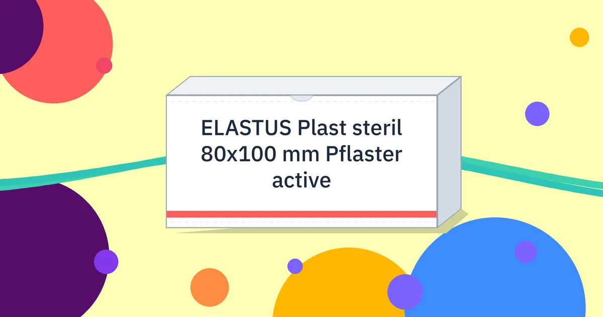 Symbolbild: Packung mit der Aufschrift ELASTUS Plast steril 80x100 mm Pflaster active (PZN 03481371) – Verfügbarkeit und Bezug in Apotheken in Frankfurt am Main
