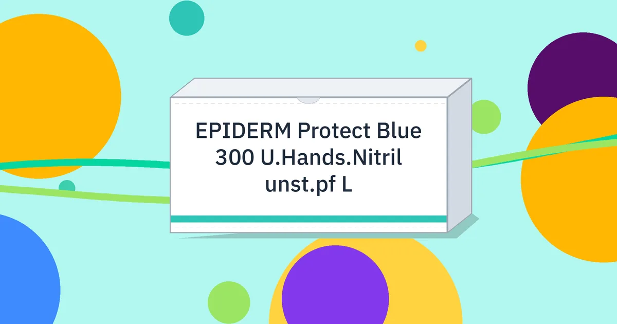 Symbolbild: Packung mit der Aufschrift EPIDERM Protect Blue 300 U.Hands.Nitril unst.pf L (PZN 17896590) – Verfügbarkeit und Bezug in Apotheken in Frankfurt am Main