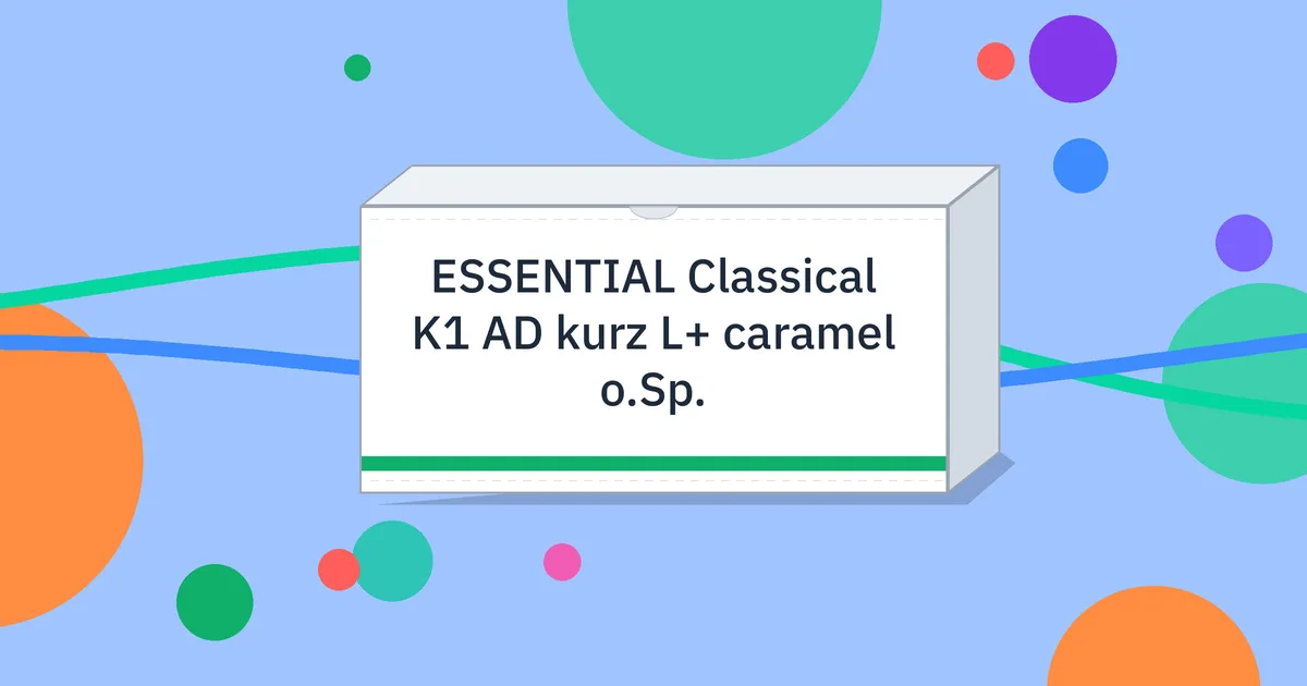 Symbolbild: Packung mit der Aufschrift ESSENTIAL Classical K1 AD kurz L+ caramel o.Sp. (PZN 17009152) – Verfügbarkeit und Bezug in Apotheken in Frankfurt am Main