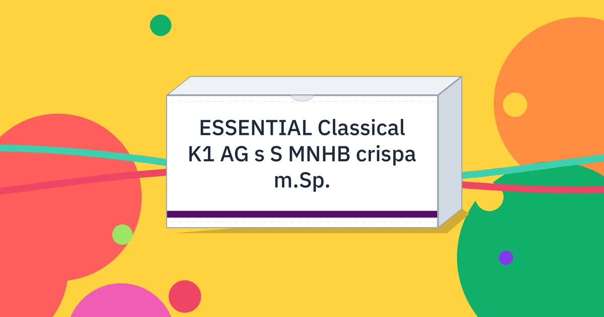 Symbolbild: Packung mit der Aufschrift ESSENTIAL Classical K1 AG s S MNHB crispa m.Sp. (PZN 19320865) – Verfügbarkeit und Bezug in Apotheken in Frankfurt am Main
