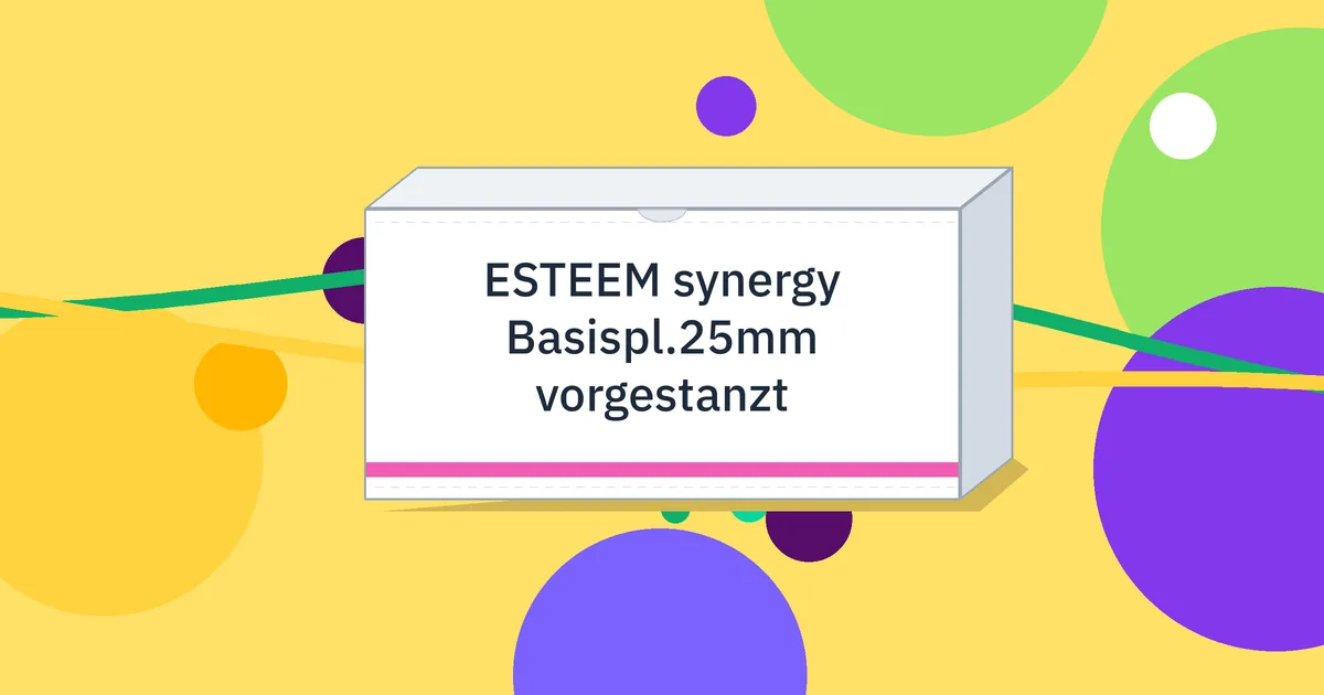 Symbolbild: Packung mit der Aufschrift ESTEEM synergy Basispl.25mm vorgestanzt (PZN 02197544) – Verfügbarkeit und Bezug in Apotheken in Frankfurt am Main