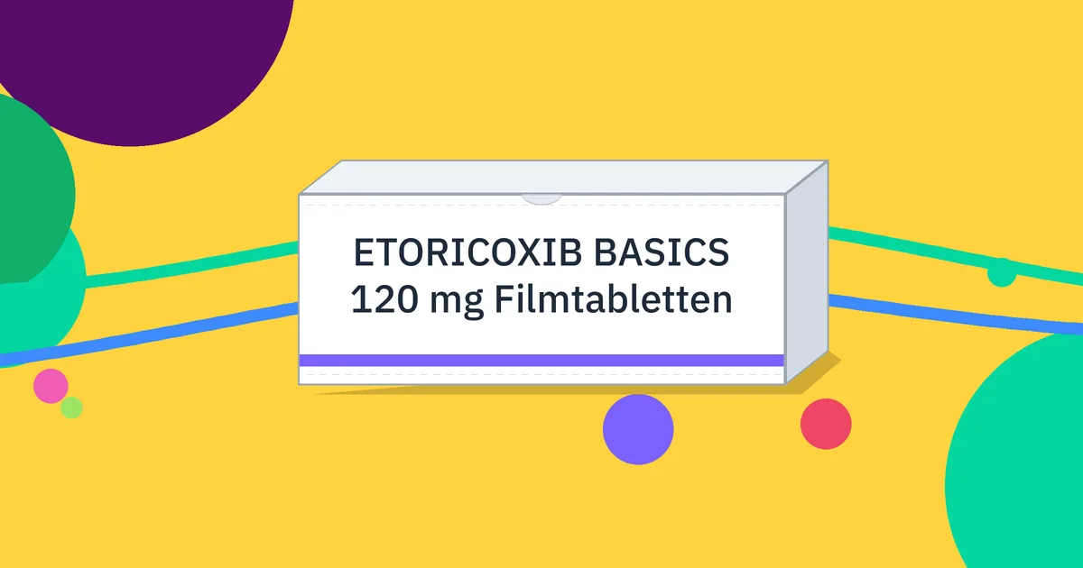 Symbolbild: Packung mit der Aufschrift ETORICOXIB BASICS 120 mg Filmtabletten (PZN 13153159) – Verfügbarkeit und Bezug in Apotheken in Frankfurt am Main