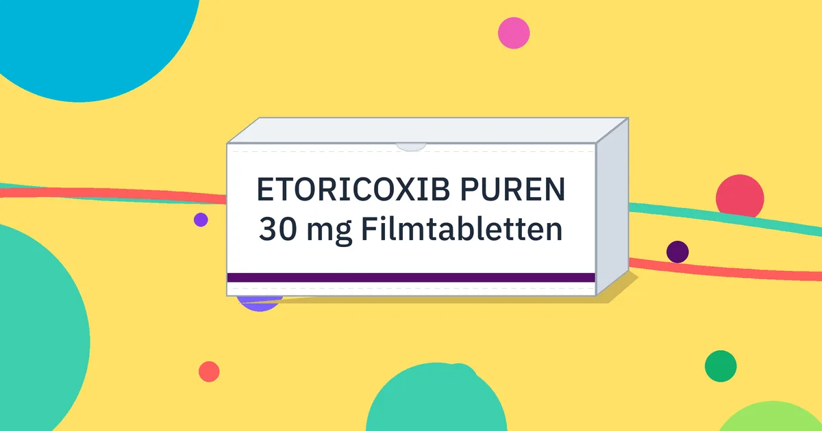 Symbolbild: Packung mit der Aufschrift ETORICOXIB PUREN 30 mg Filmtabletten (PZN 12361619) – Verfügbarkeit und Bezug in Apotheken in Frankfurt am Main