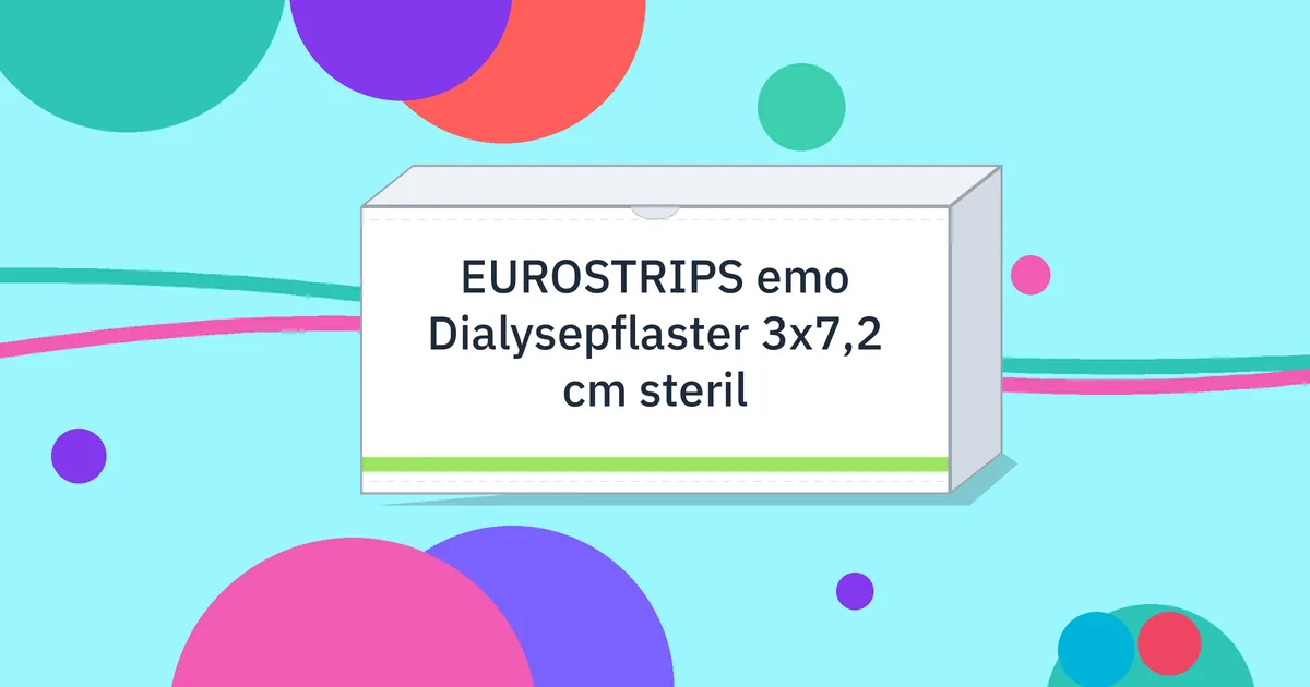 Symbolbild: Packung mit der Aufschrift EUROSTRIPS emo Dialysepflaster 3x7,2 cm steril (PZN 18231763) – Verfügbarkeit und Bezug in Apotheken in Frankfurt am Main