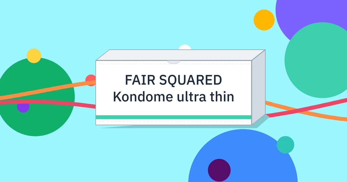 Symbolbild: Packung mit der Aufschrift FAIR SQUARED Kondome ultra thin (PZN 09328245) – Verfügbarkeit und Bezug in Apotheken in Frankfurt am Main