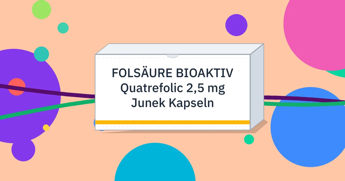 Symbolbild: Packung mit der Aufschrift FOLSÄURE BIOAKTIV Quatrefolic 2,5 mg Junek Kapseln (PZN 18311060) – Verfügbarkeit und Bezug in Apotheken in Frankfurt am Main