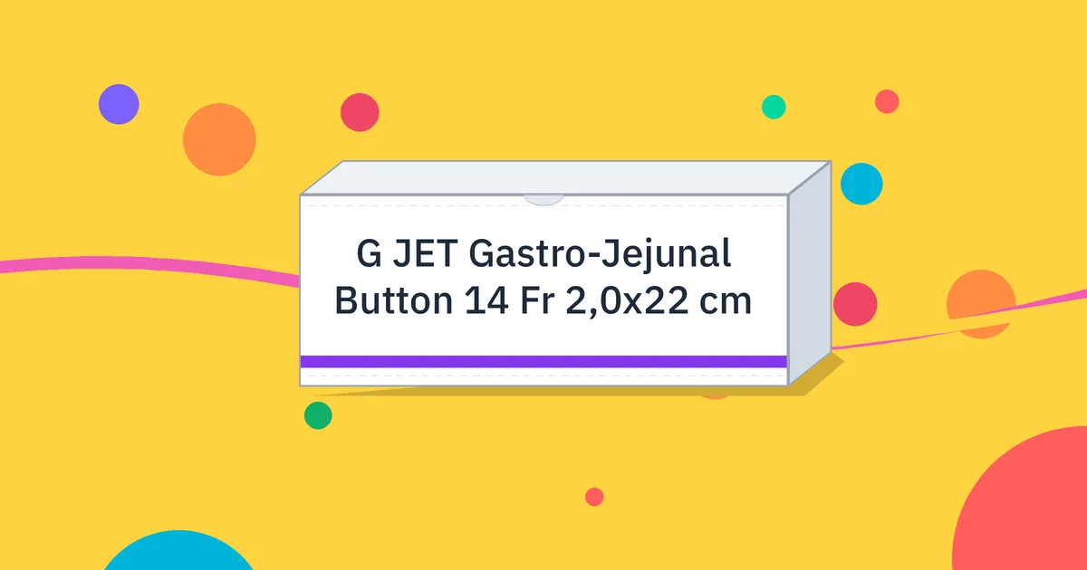 Symbolbild: Packung mit der Aufschrift G JET Gastro-Jejunal Button 14 Fr 2,0x22 cm (PZN 14346512) – Verfügbarkeit und Bezug in Apotheken in Frankfurt am Main