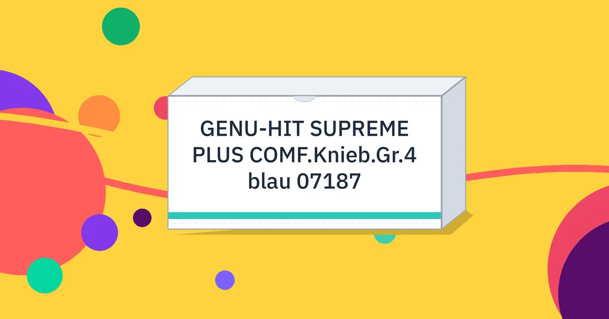 Symbolbild: Packung mit der Aufschrift GENU-HIT SUPREME PLUS COMF.Knieb.Gr.4 blau 07187 (PZN 18181516) – Verfügbarkeit und Bezug in Apotheken in Frankfurt am Main