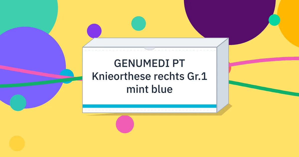 Symbolbild: Packung mit der Aufschrift GENUMEDI PT Knieorthese rechts Gr.1 mint blue (PZN 17982562) – Verfügbarkeit und Bezug in Apotheken in Frankfurt am Main