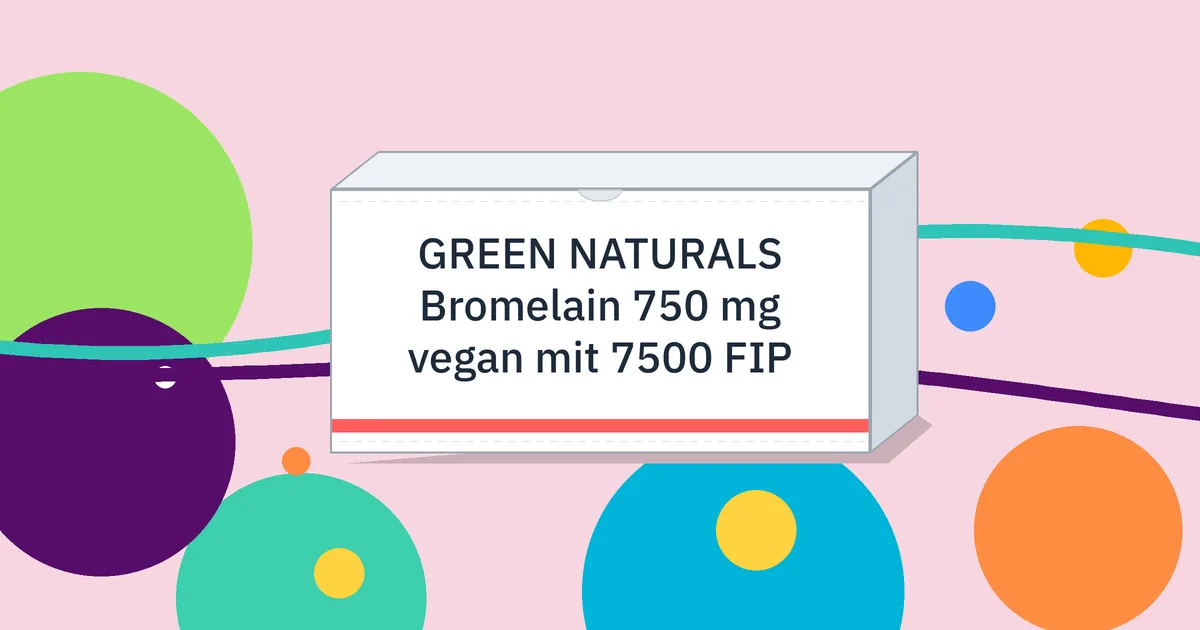 Symbolbild: Packung mit der Aufschrift GREEN NATURALS Bromelain 750 mg vegan mit 7500 FIP (PZN 19176629) – Verfügbarkeit und Bezug in Apotheken in Frankfurt am Main