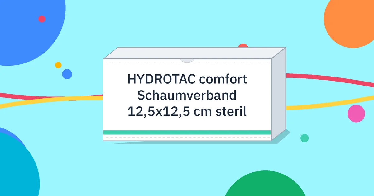 Symbolbild: Packung mit der Aufschrift HYDROTAC comfort Schaumverband 12,5x12,5 cm steril (PZN 11382619) – Verfügbarkeit und Bezug in Apotheken in Frankfurt am Main
