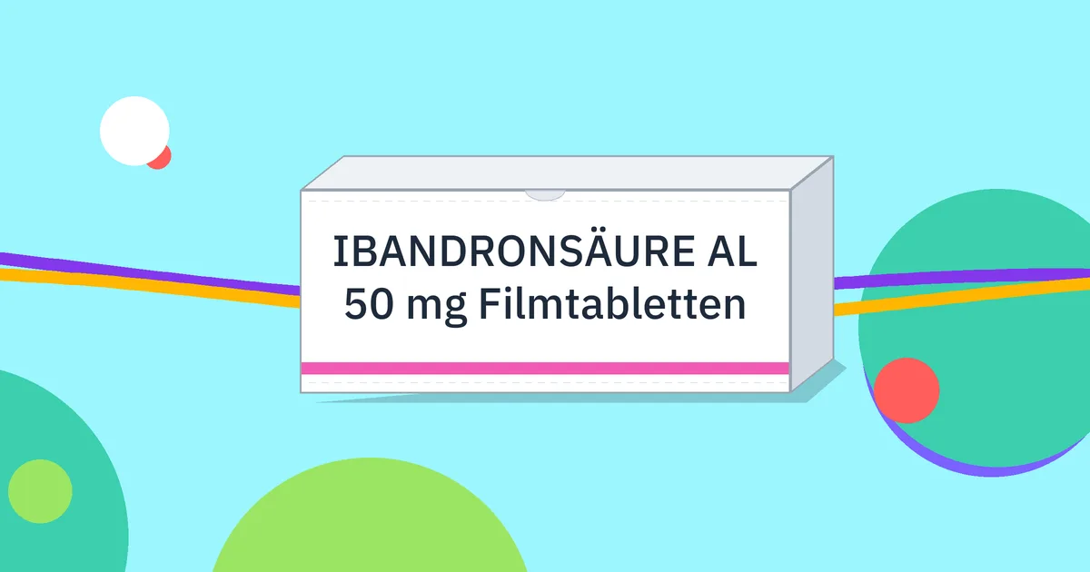 Symbolbild: Packung mit der Aufschrift IBANDRONSÄURE AL 50 mg Filmtabletten (PZN 09709846) – Verfügbarkeit und Bezug in Apotheken in Frankfurt am Main
