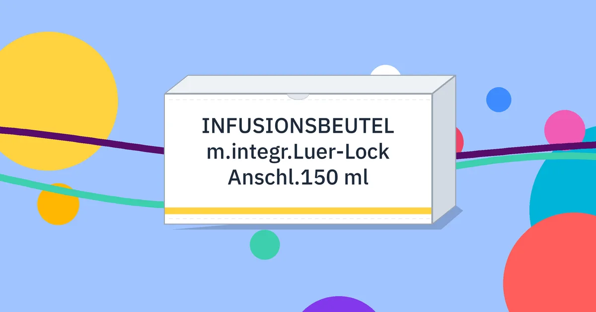 Symbolbild: Packung mit der Aufschrift INFUSIONSBEUTEL m.integr.Luer-Lock Anschl.150 ml (PZN 19986334) – Verfügbarkeit und Bezug in Apotheken in Frankfurt am Main