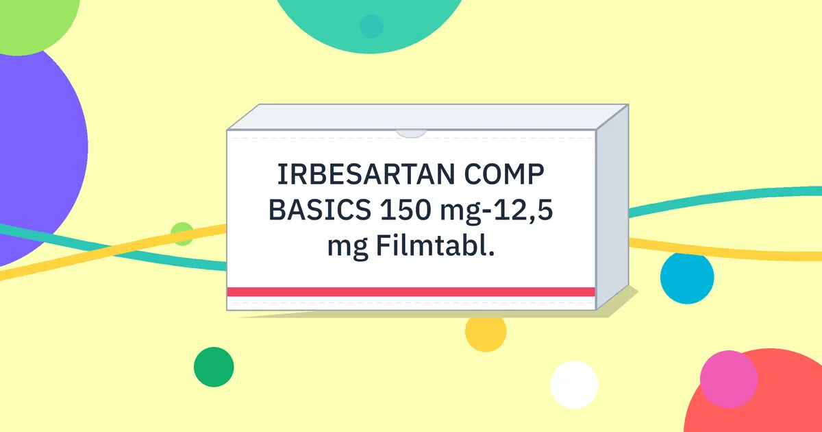Symbolbild: Packung mit der Aufschrift IRBESARTAN COMP BASICS 150 mg-12,5 mg Filmtabl. (PZN 02460065) – Verfügbarkeit und Bezug in Apotheken in Frankfurt am Main