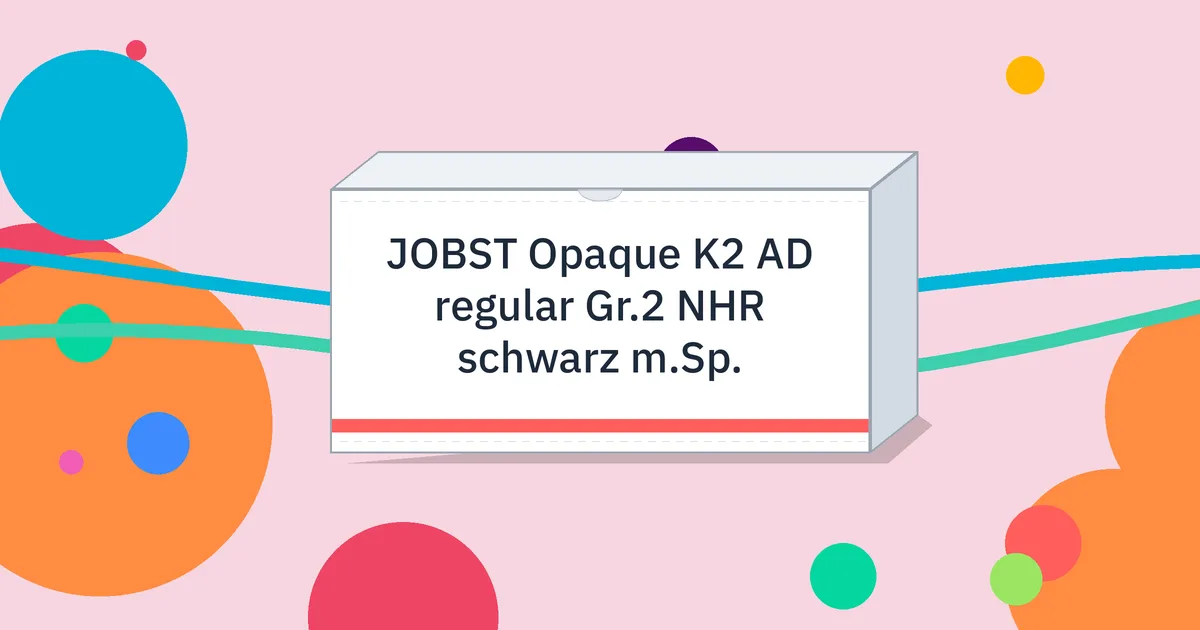 Symbolbild: Packung mit der Aufschrift JOBST Opaque K2 AD regular Gr.2 NHR schwarz m.Sp. (PZN 13110641) – Verfügbarkeit und Bezug in Apotheken in Frankfurt am Main