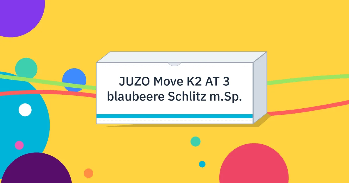 Symbolbild: Packung mit der Aufschrift JUZO Move K2 AT 3 blaubeere Schlitz m.Sp. (PZN 20668757) – Verfügbarkeit und Bezug in Apotheken in Frankfurt am Main