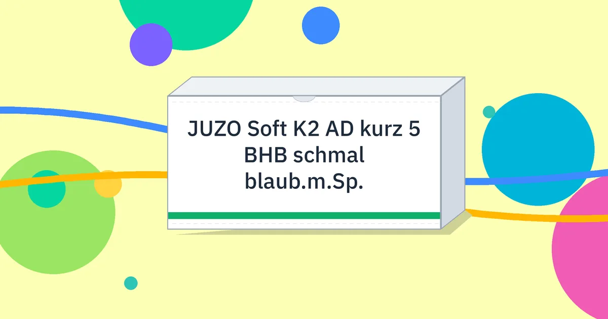 Symbolbild: Packung mit der Aufschrift JUZO Soft K2 AD kurz 5 BHB schmal blaub.m.Sp. (PZN 15465868) – Verfügbarkeit und Bezug in Apotheken in Frankfurt am Main