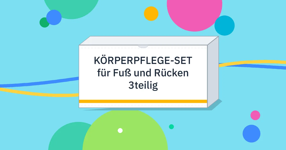 Symbolbild: Packung mit der Aufschrift KÖRPERPFLEGE-SET für Fuß und Rücken 3teilig (PZN 19507629) – Verfügbarkeit und Bezug in Apotheken in Frankfurt am Main