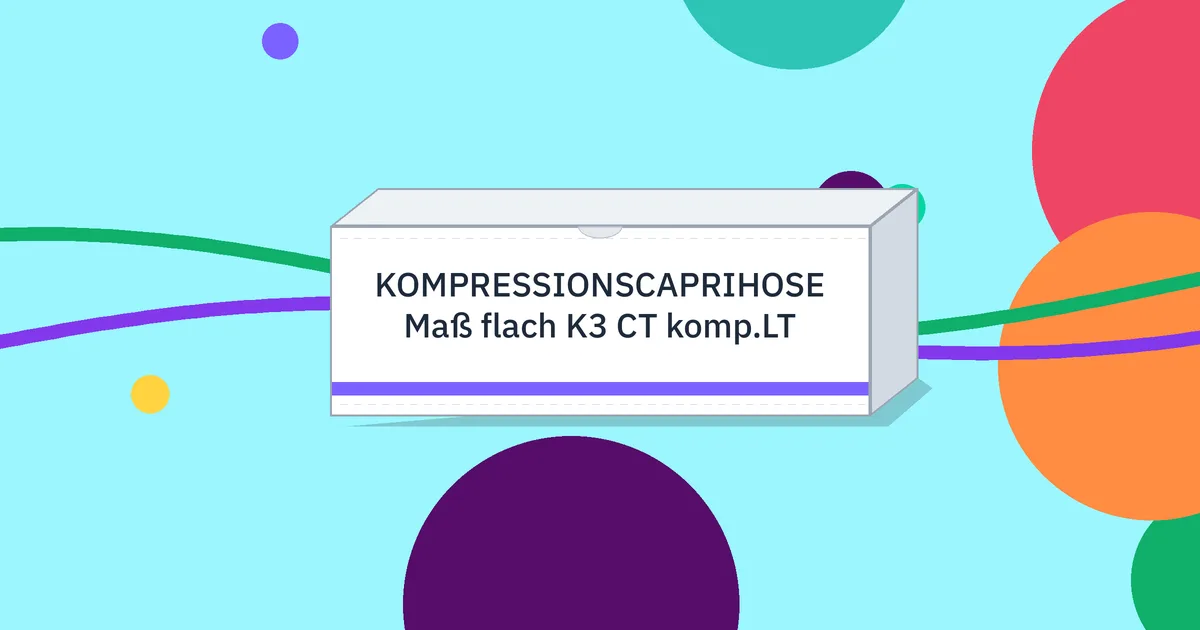 Symbolbild: Packung mit der Aufschrift KOMPRESSIONSCAPRIHOSE Maß flach K3 CT komp.LT (PZN 19998076) – Verfügbarkeit und Bezug in Apotheken in Frankfurt am Main