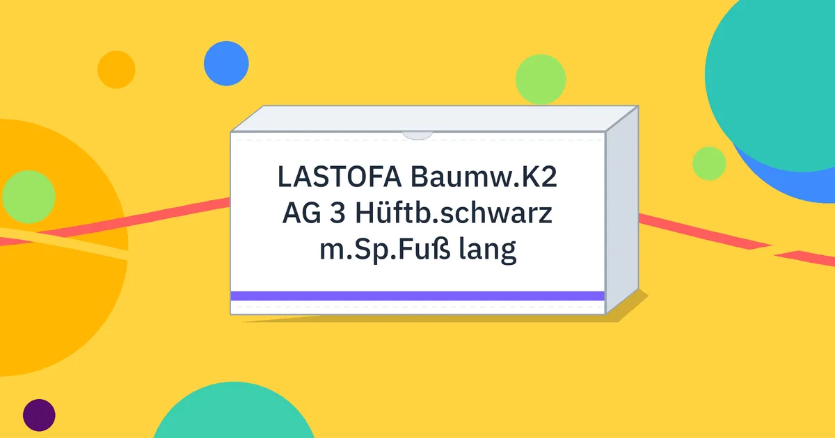 Symbolbild: Packung mit der Aufschrift LASTOFA Baumw.K2 AG 3 Hüftb.schwarz m.Sp.Fuß lang (PZN 01948787) – Verfügbarkeit und Bezug in Apotheken in Frankfurt am Main