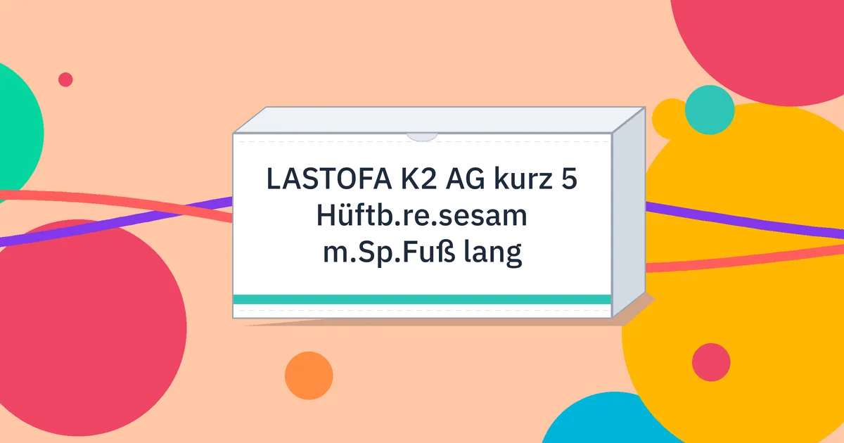 Symbolbild: Packung mit der Aufschrift LASTOFA K2 AG kurz 5 Hüftb.re.sesam m.Sp.Fuß lang (PZN 13812030) – Verfügbarkeit und Bezug in Apotheken in Frankfurt am Main