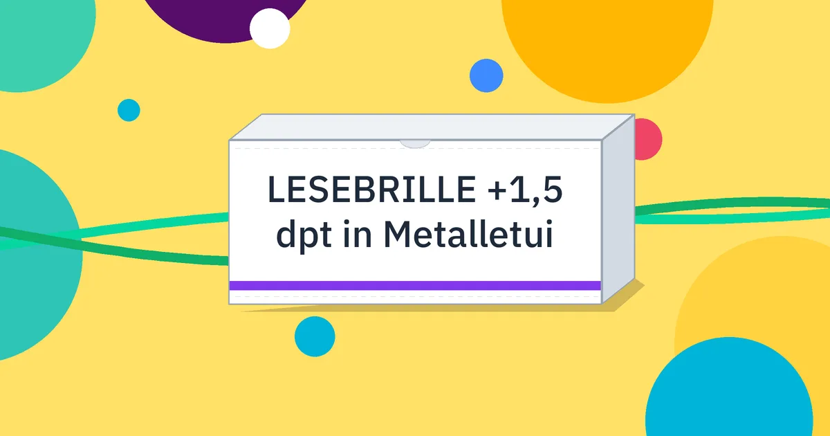 Symbolbild: Packung mit der Aufschrift LESEBRILLE +1,5 dpt in Metalletui (PZN 16033065) – Verfügbarkeit und Bezug in Apotheken in Frankfurt am Main