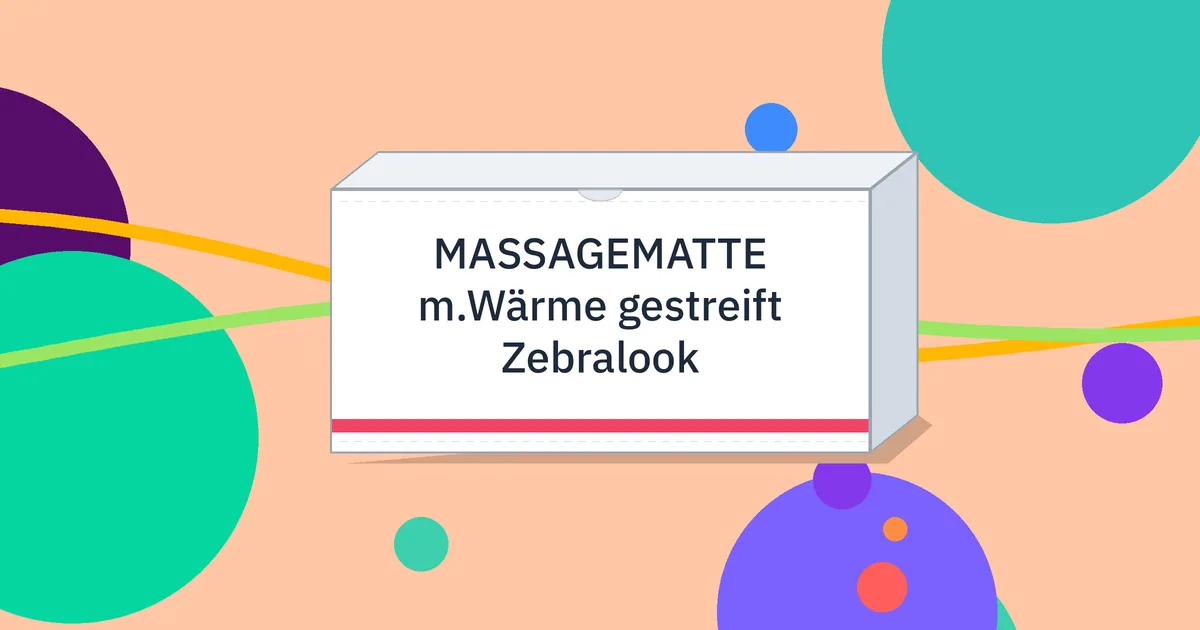 Symbolbild: Packung mit der Aufschrift MASSAGEMATTE m.Wärme gestreift Zebralook (PZN 09883840) – Verfügbarkeit und Bezug in Apotheken in Frankfurt am Main
