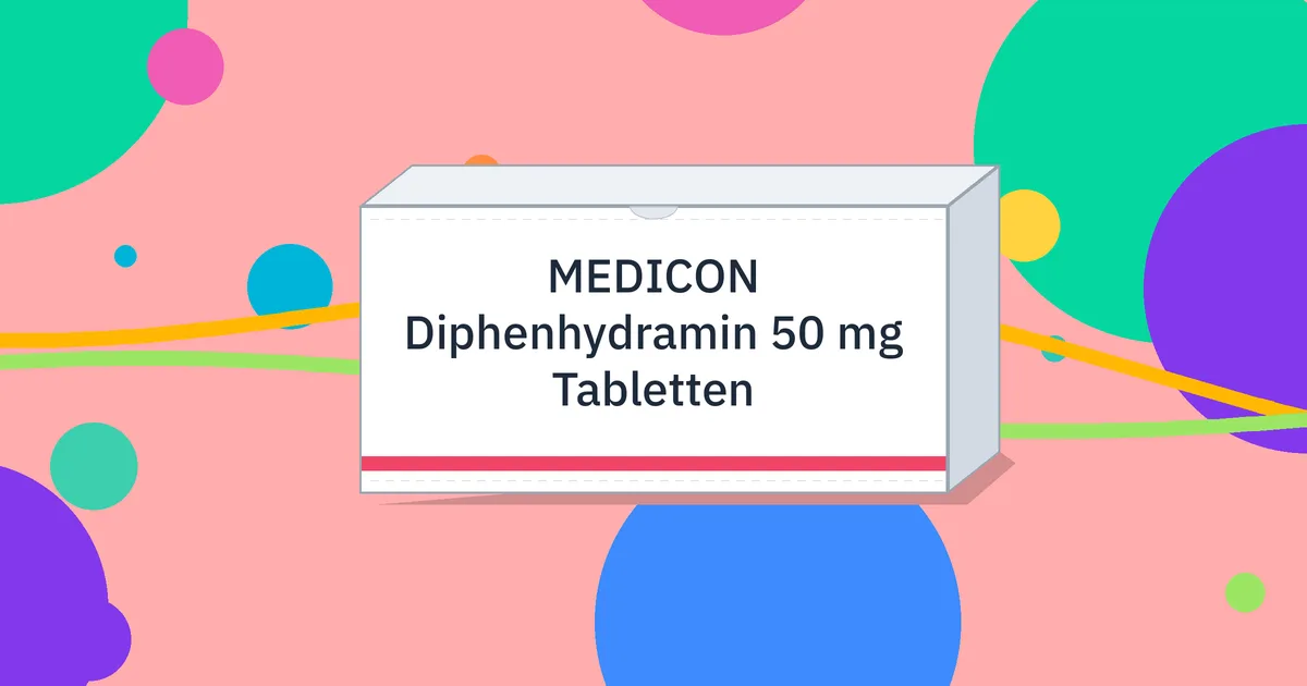 Symbolbild: Packung mit der Aufschrift MEDICON Diphenhydramin 50 mg Tabletten (PZN 18188369) – Verfügbarkeit und Bezug in Apotheken in Frankfurt am Main