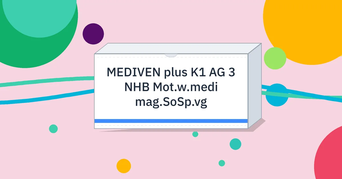 Symbolbild: Packung mit der Aufschrift MEDIVEN plus K1 AG 3 NHB Mot.w.medi mag.SoSp.vg (PZN 15920189) – Verfügbarkeit und Bezug in Apotheken in Frankfurt am Main