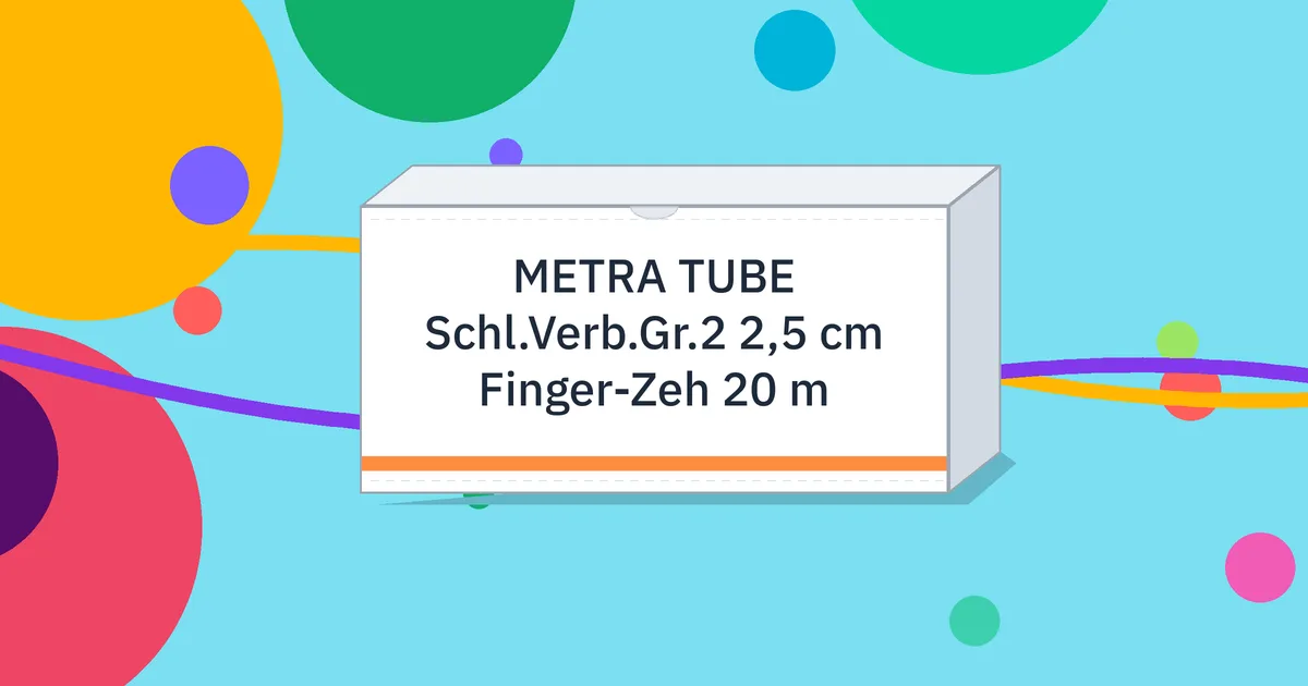Symbolbild: Packung mit der Aufschrift METRA TUBE Schl.Verb.Gr.2 2,5 cm Finger-Zeh 20 m (PZN 07772556) – Verfügbarkeit und Bezug in Apotheken in Frankfurt am Main