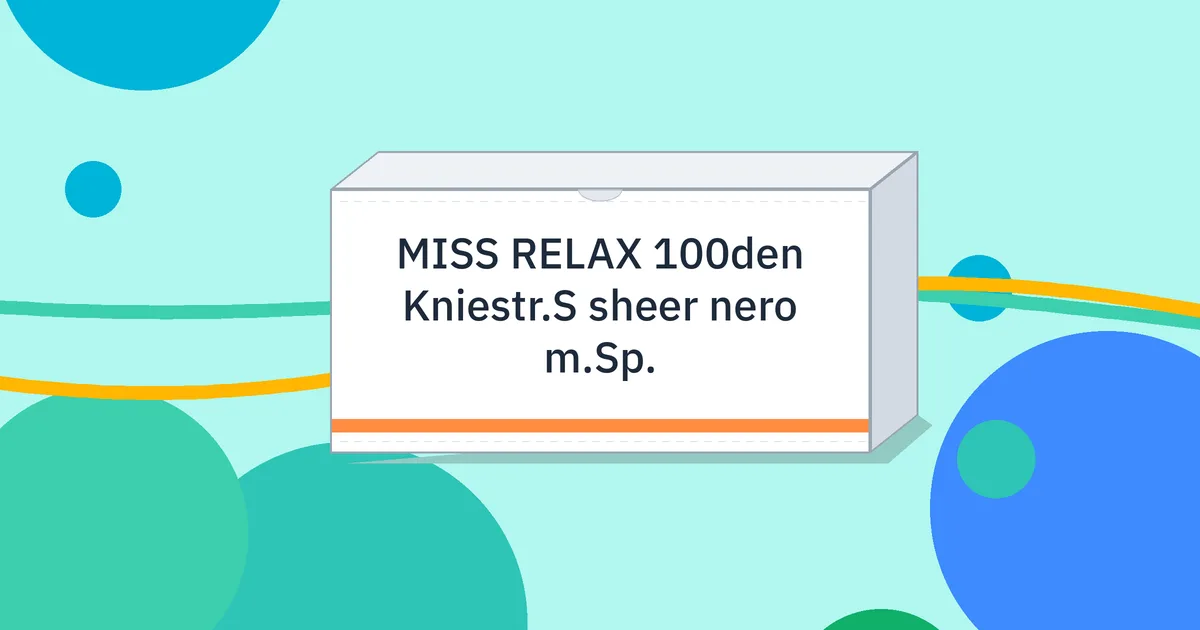Symbolbild: Packung mit der Aufschrift MISS RELAX 100den Kniestr.S sheer nero m.Sp. (PZN 01635545) – Verfügbarkeit und Bezug in Apotheken in Frankfurt am Main