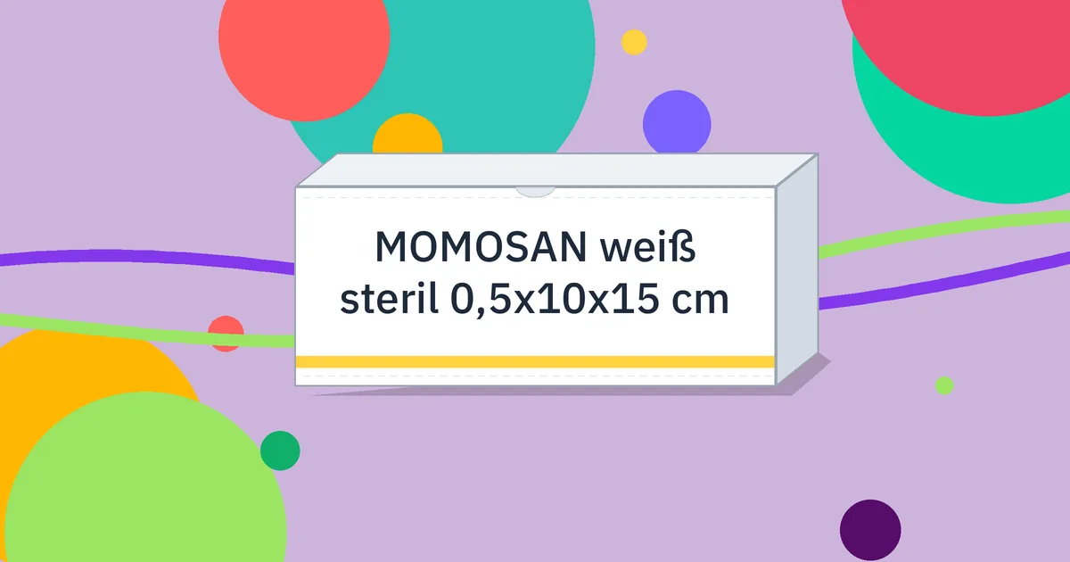 Symbolbild: Packung mit der Aufschrift MOMOSAN weiß steril 0,5x10x15 cm (PZN 06136350) – Verfügbarkeit und Bezug in Apotheken in Frankfurt am Main