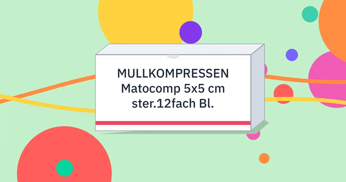 Symbolbild: Packung mit der Aufschrift MULLKOMPRESSEN Matocomp 5x5 cm ster.12fach Bl. (PZN 03377863) – Verfügbarkeit und Bezug in Apotheken in Frankfurt am Main