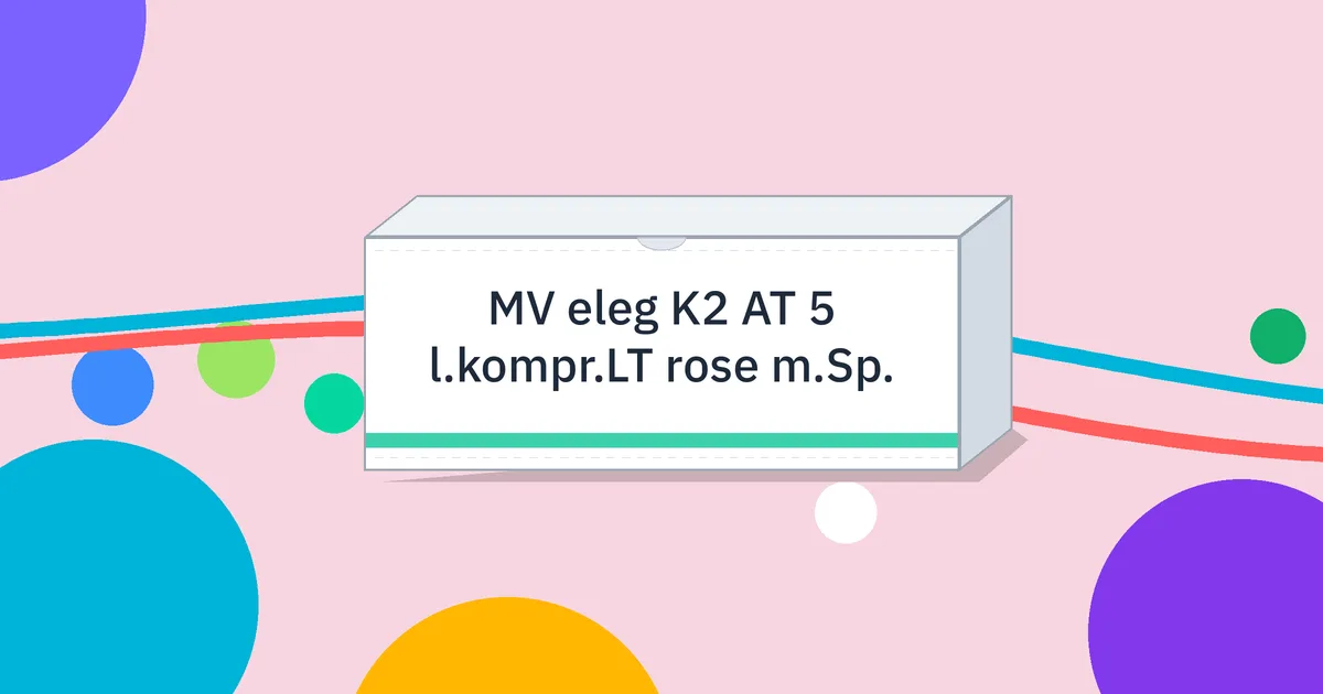 Symbolbild: Packung mit der Aufschrift MV eleg K2 AT 5 l.kompr.LT rose m.Sp. (PZN 15286172) – Verfügbarkeit und Bezug in Apotheken in Frankfurt am Main