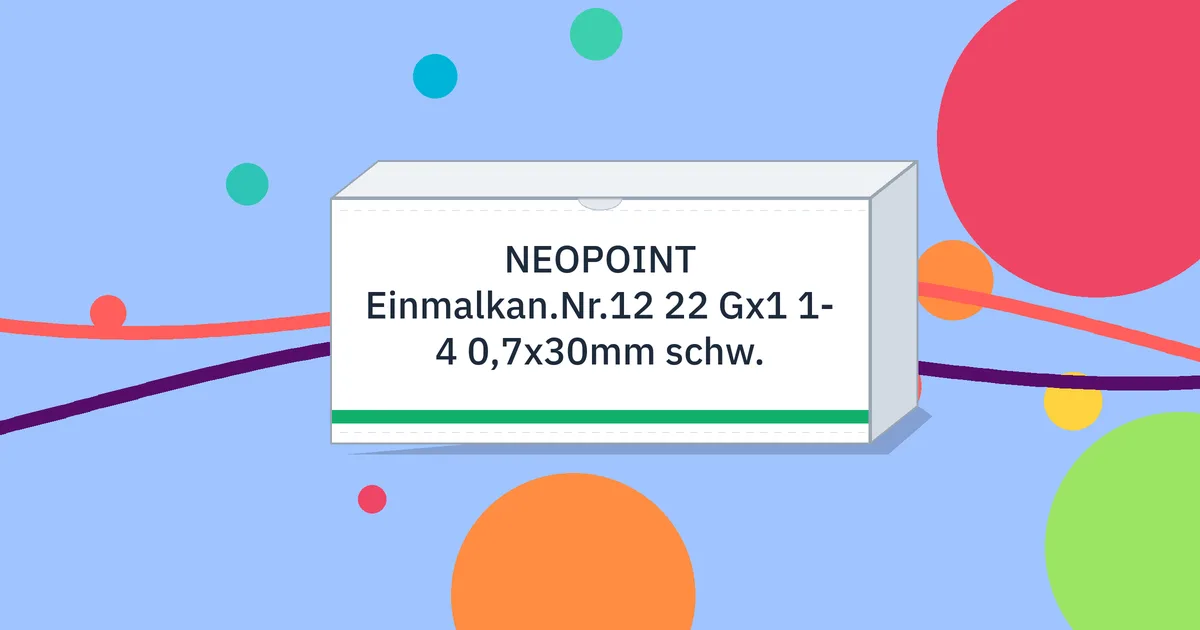 Symbolbild: Packung mit der Aufschrift NEOPOINT Einmalkan.Nr.12 22 Gx1 1-4 0,7x30mm schw. (PZN 13873095) – Verfügbarkeit und Bezug in Apotheken in Frankfurt am Main
