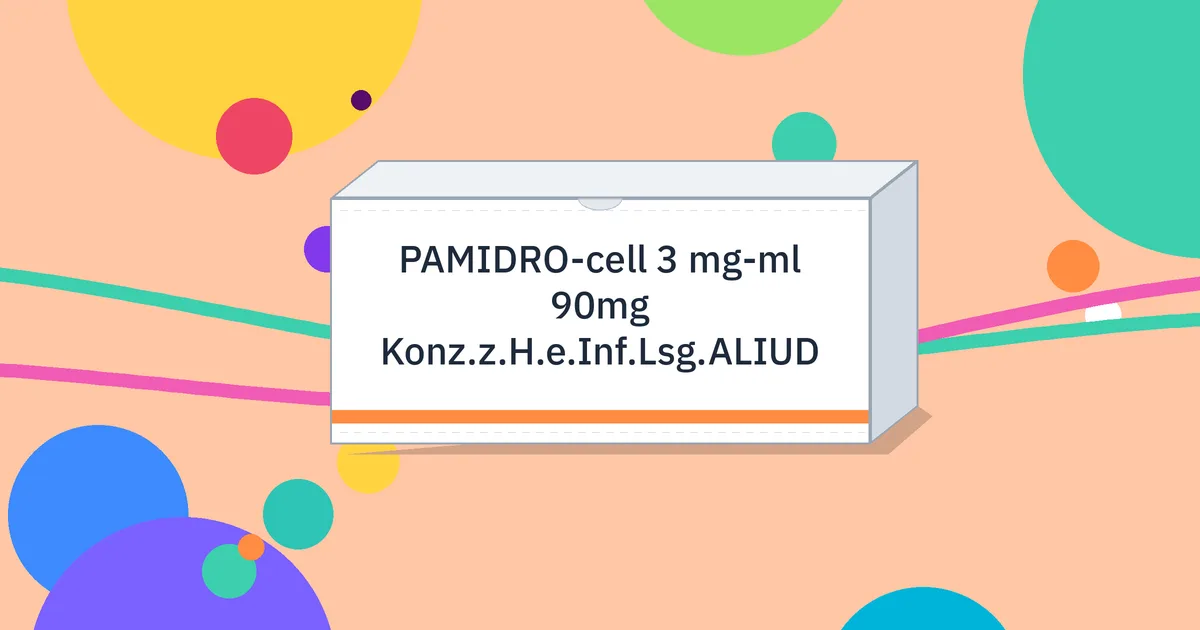 Symbolbild: Packung mit der Aufschrift PAMIDRO-cell 3 mg-ml 90mg Konz.z.H.e.Inf.Lsg.ALIUD (PZN 13838963) – Verfügbarkeit und Bezug in Apotheken in Frankfurt am Main