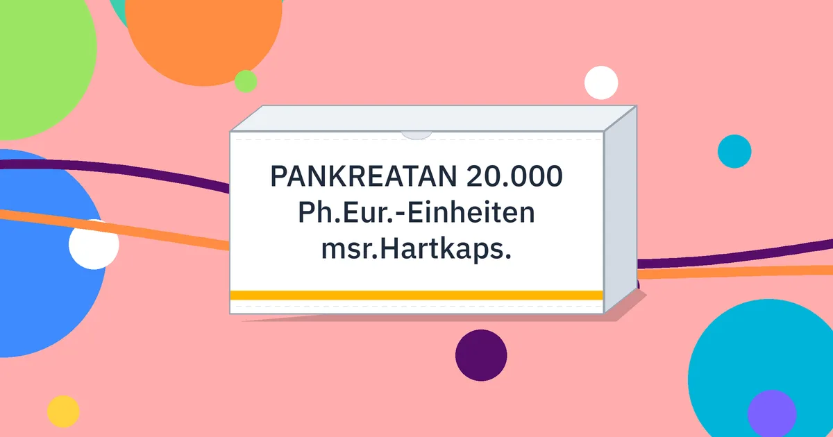 Symbolbild: Packung mit der Aufschrift PANKREATAN 20.000 Ph.Eur.-Einheiten msr.Hartkaps. (PZN 15427419) – Verfügbarkeit und Bezug in Apotheken in Frankfurt am Main