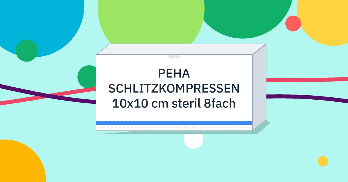 Symbolbild: Packung mit der Aufschrift PEHA SCHLITZKOMPRESSEN 10x10 cm steril 8fach (PZN 18445777) – Verfügbarkeit und Bezug in Apotheken in Frankfurt am Main