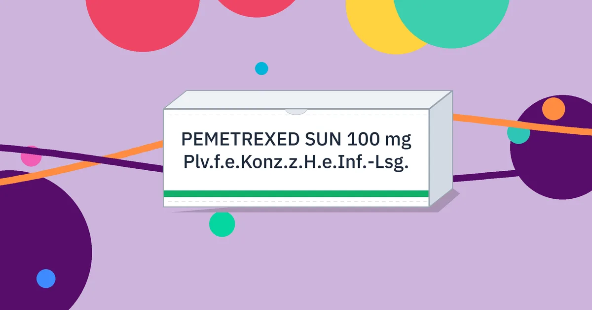 Symbolbild: Packung mit der Aufschrift PEMETREXED SUN 100 mg Plv.f.e.Konz.z.H.e.Inf.-Lsg. (PZN 11664217) – Verfügbarkeit und Bezug in Apotheken in Frankfurt am Main