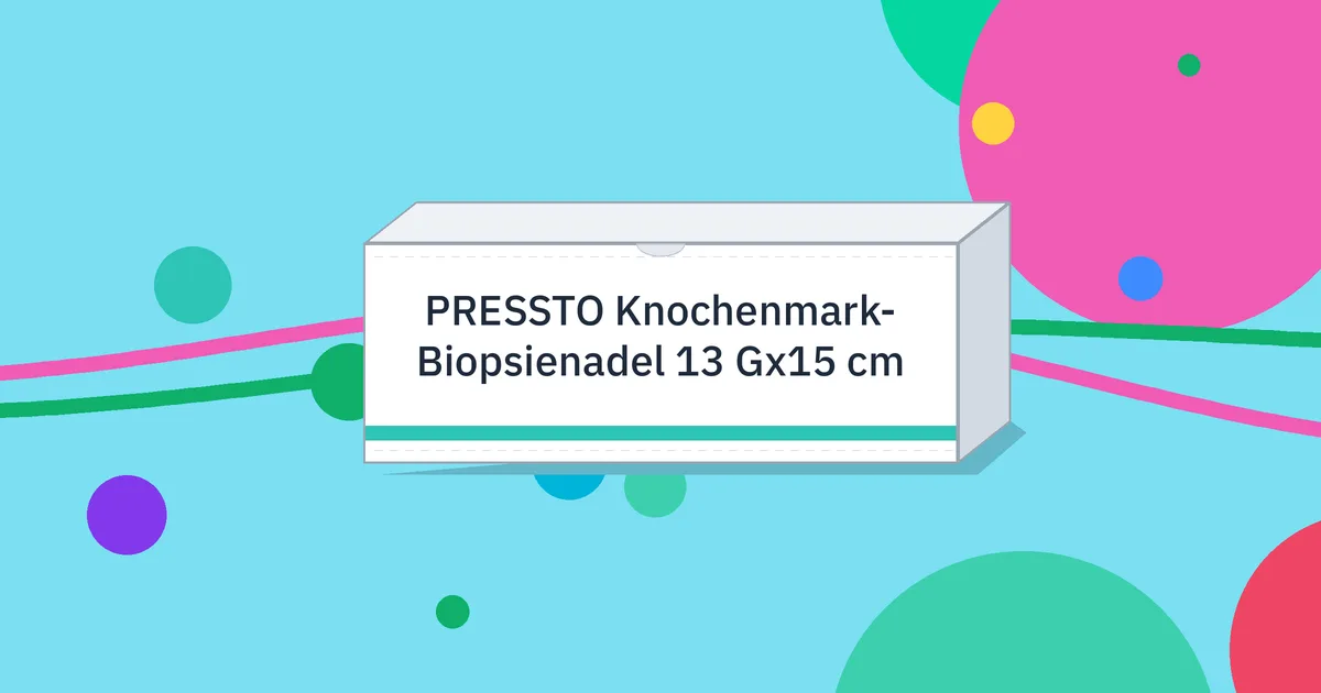 Symbolbild: Packung mit der Aufschrift PRESSTO Knochenmark-Biopsienadel 13 Gx15 cm (PZN 19736956) – Verfügbarkeit und Bezug in Apotheken in Frankfurt am Main