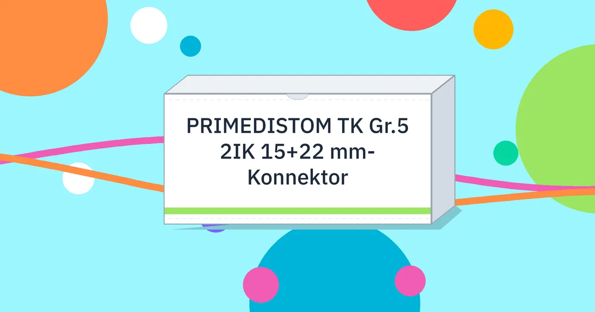 Symbolbild: Packung mit der Aufschrift PRIMEDISTOM TK Gr.5 2IK 15+22 mm-Konnektor (PZN 10266213) – Verfügbarkeit und Bezug in Apotheken in Frankfurt am Main
