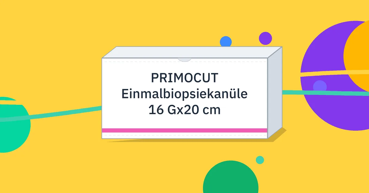 Symbolbild: Packung mit der Aufschrift PRIMOCUT Einmalbiopsiekanüle 16 Gx20 cm (PZN 03926287) – Verfügbarkeit und Bezug in Apotheken in Frankfurt am Main