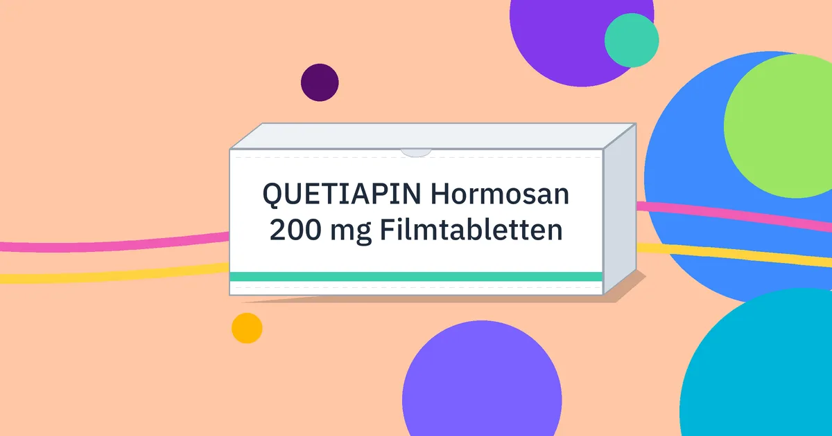 Symbolbild: Packung mit der Aufschrift QUETIAPIN Hormosan 200 mg Filmtabletten (PZN 09294598) – Verfügbarkeit und Bezug in Apotheken in Frankfurt am Main