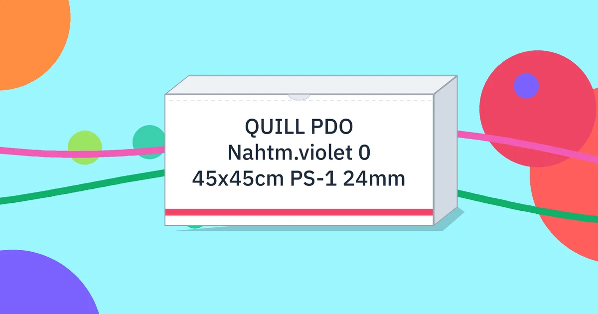 Symbolbild: Packung mit der Aufschrift QUILL PDO Nahtm.violet 0 45x45cm PS-1 24mm (PZN 17989771) – Verfügbarkeit und Bezug in Apotheken in Frankfurt am Main